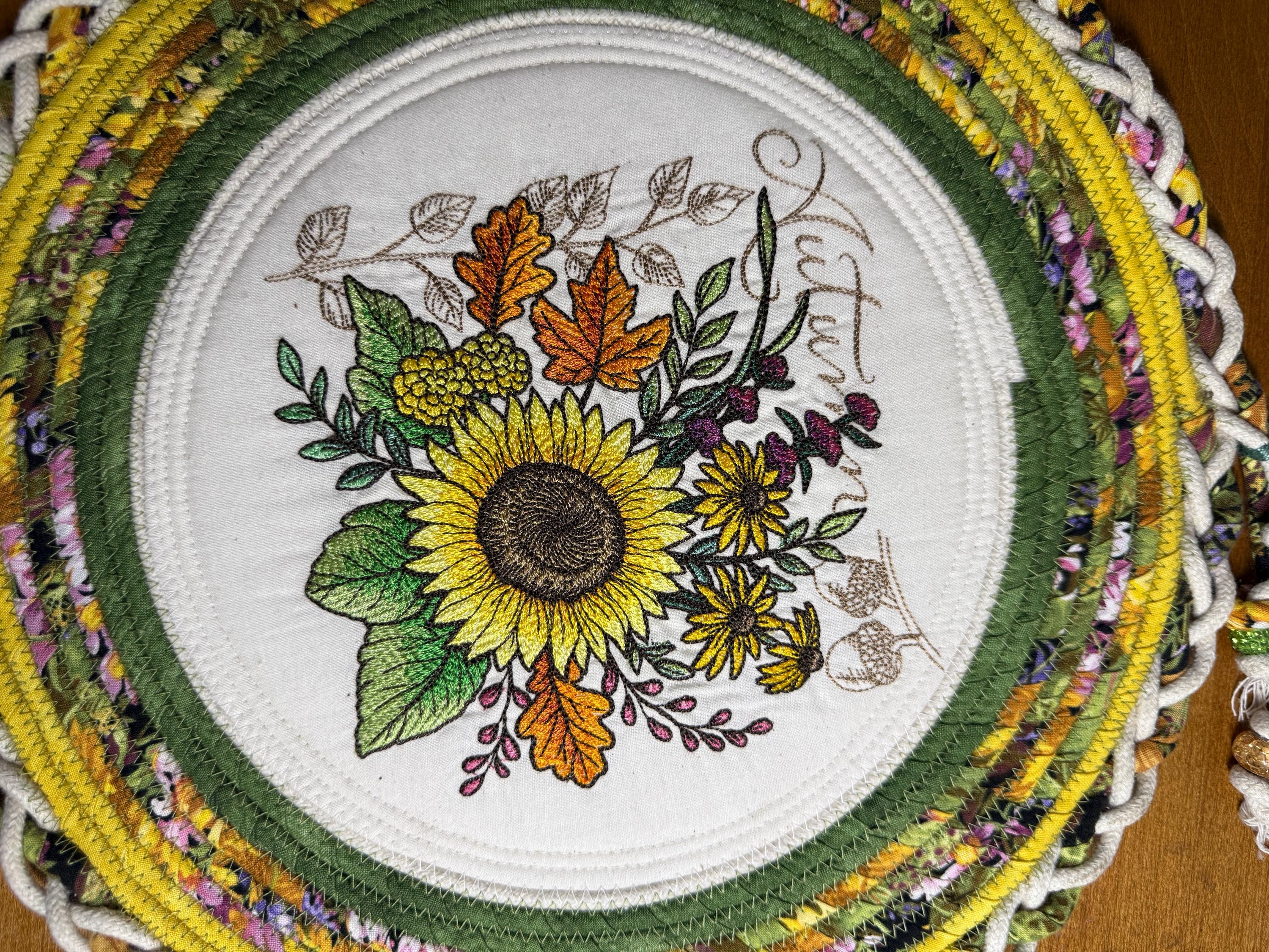 Fabric Wrapped Rope Table Topper With Autumn Embroidery in the Center ...