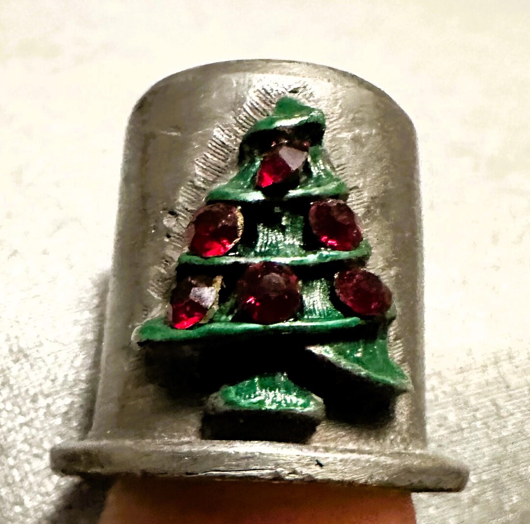 Vintage Pewter Sewing Thimble With Painted Christmas Tree With Red ...