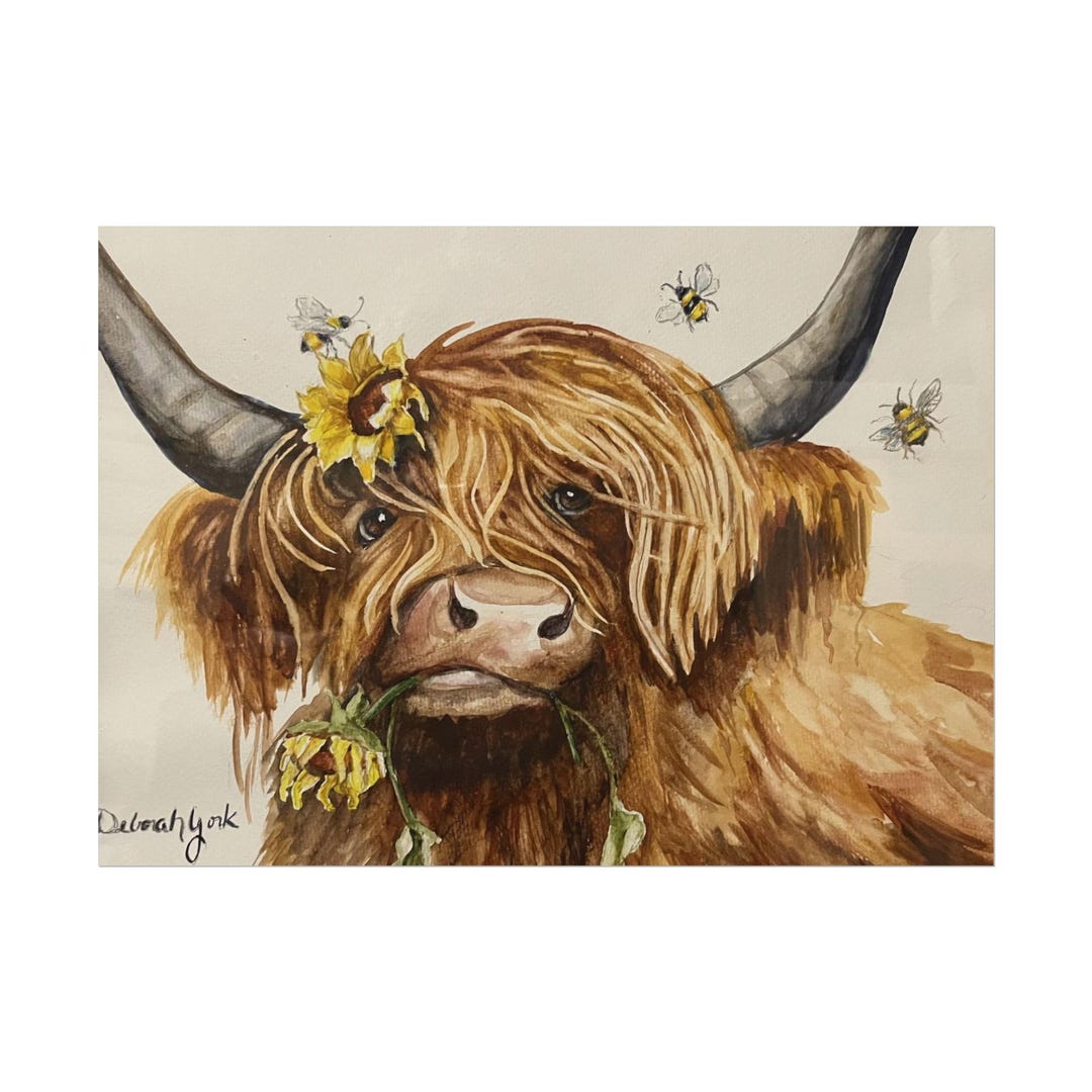 Rolled Posters, Highland Cow Eating Flower Watercolor Print, Wall Art ...