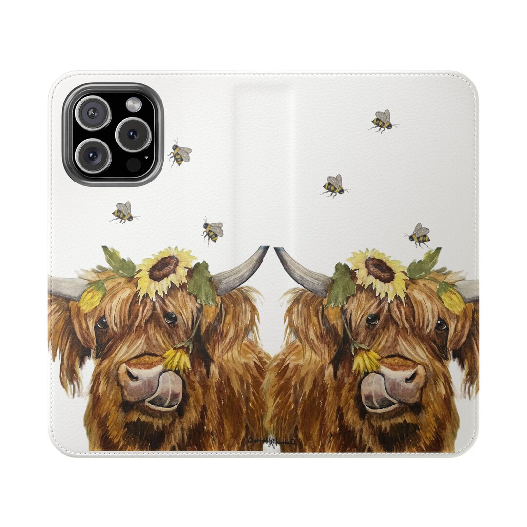 Highland Cow Flip Case Watercolor Painting Phone Cover, Cute Cow Print ...