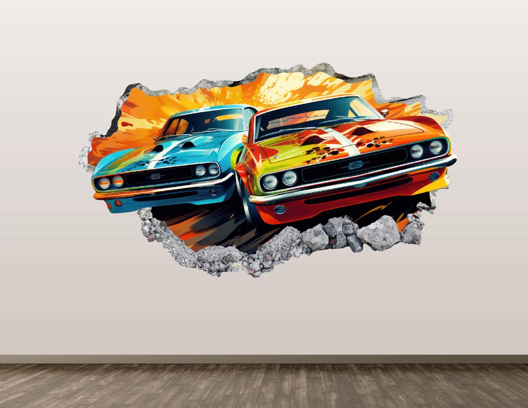 Muscle Cars Wall Decal Fast Race Car Wall Sticker 3D Smashed Art Kids ...