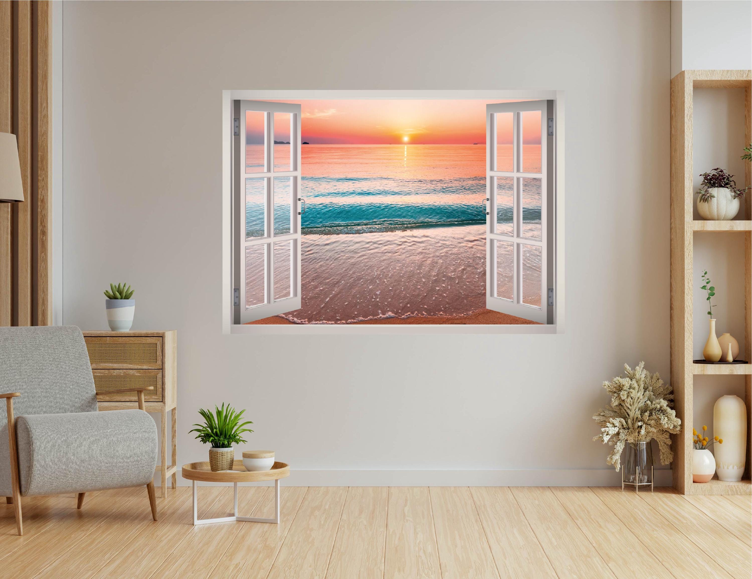 Sunset at Beach Wall Decal - 3D Window Wall Sticker Sea Ocean View Wall ...