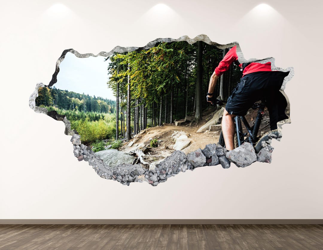 Bike Wall Decal - Wall Sticker Mountain Bike 3D Smashed Wall Art Kids ...