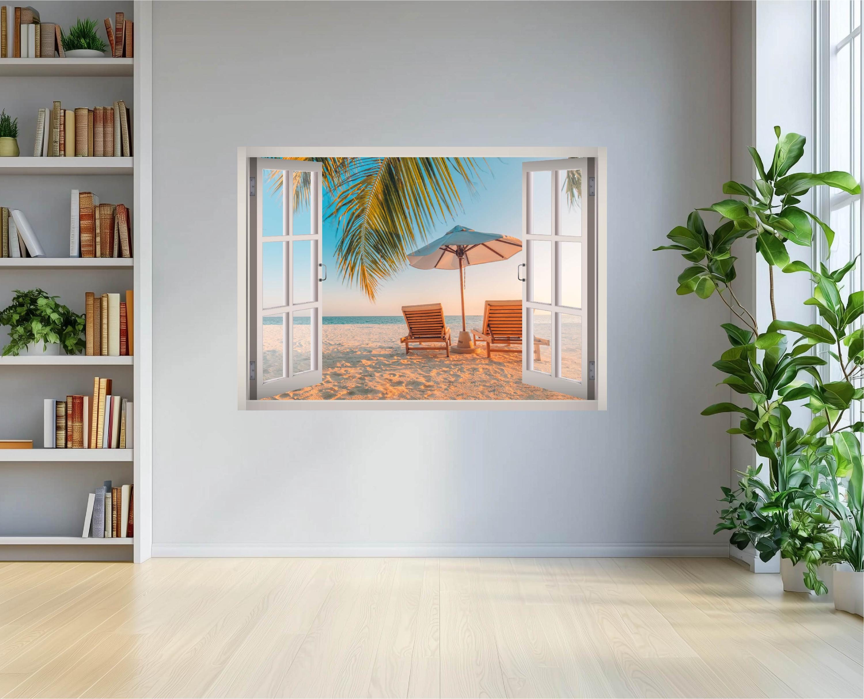 Beach Wall Decal - 3D Window Wall Sticker Sea Tropical Beach View Wall ...