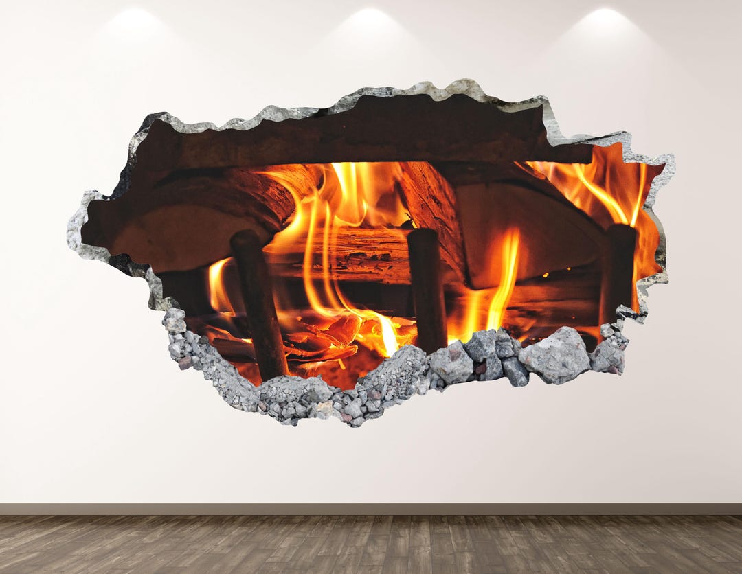Fireplace Wall Decal - Wall Sticker Wood Fire Smashed Wall Art Decor ...