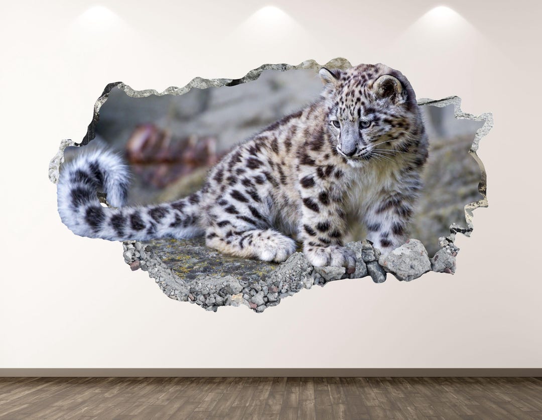 Snow Leopard Wall Decal - Wall Sticker Jungle Animal 3D Smashed Wall ...