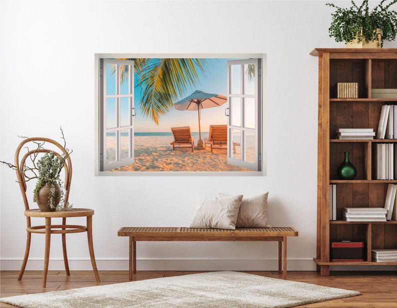 Beach Wall Decal - 3D Window Wall Sticker Sea Tropical Beach View Wall ...