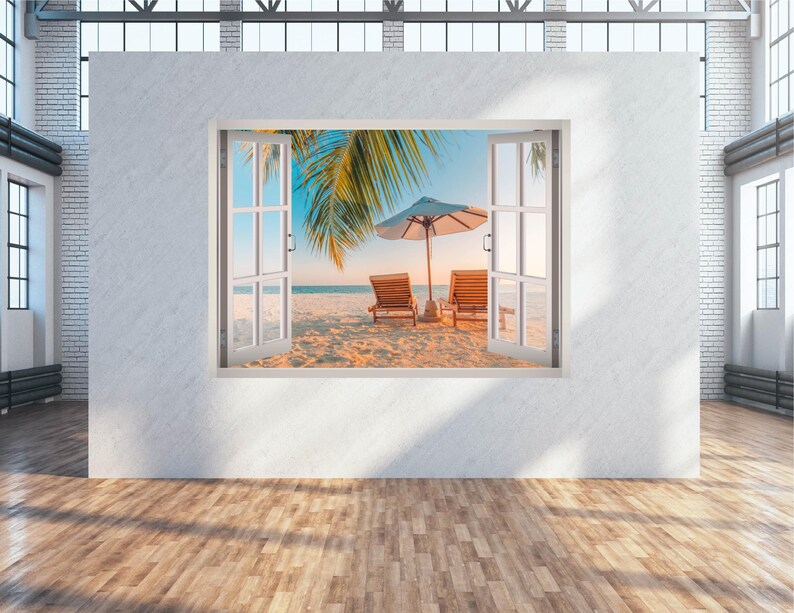 Beach Wall Decal - 3D Window Wall Sticker Sea Tropical Beach View Wall ...