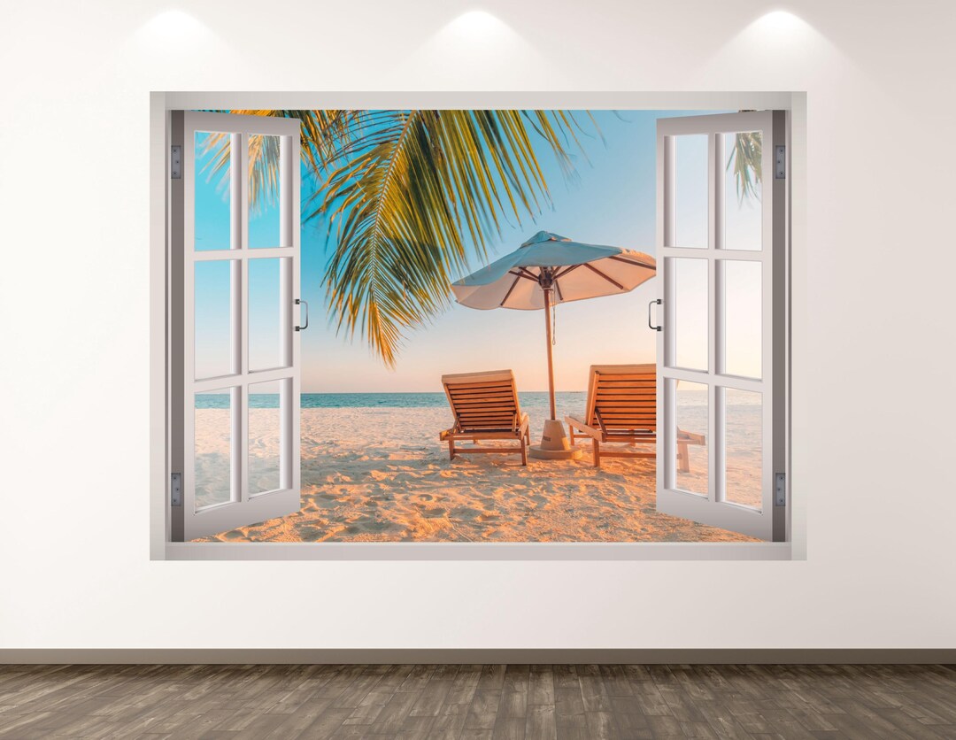 Beach Wall Decal - 3D Window Wall Sticker Sea Tropical Beach View Wall ...