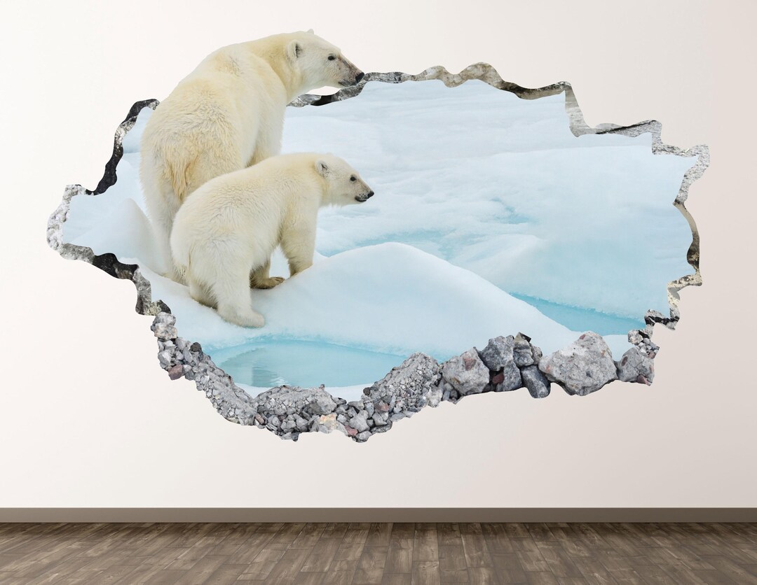 Polar Bears Wall Decal - Wall Sticker Cub Animal 3D Smashed Wall Art ...