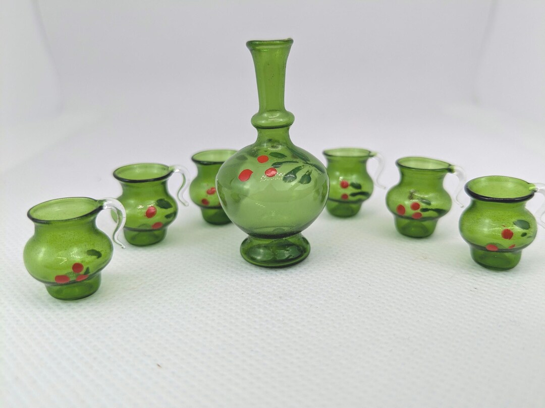 Vintage Dollhouse Miniature Decanter Set: Hand-painted Green Glass, US ...