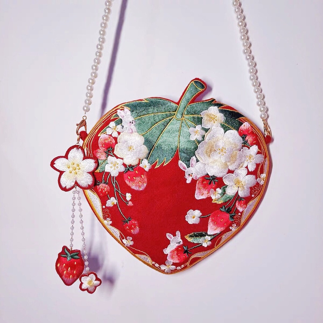 Strawberry Bunny Flower Embroidery Pearl Detachable Chain Bag - Etsy