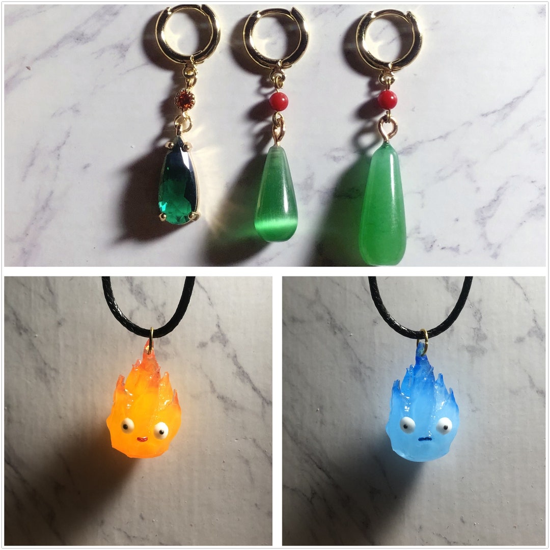 Howl Green Jade Tear Drop Gold Earrings and Calcifer 3d - Etsy