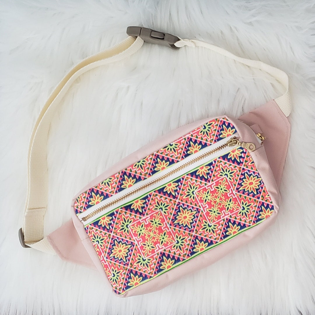 Full Front Blue Pink Hook Hmong Embroidered Fanny Pack Bag for Adults ...