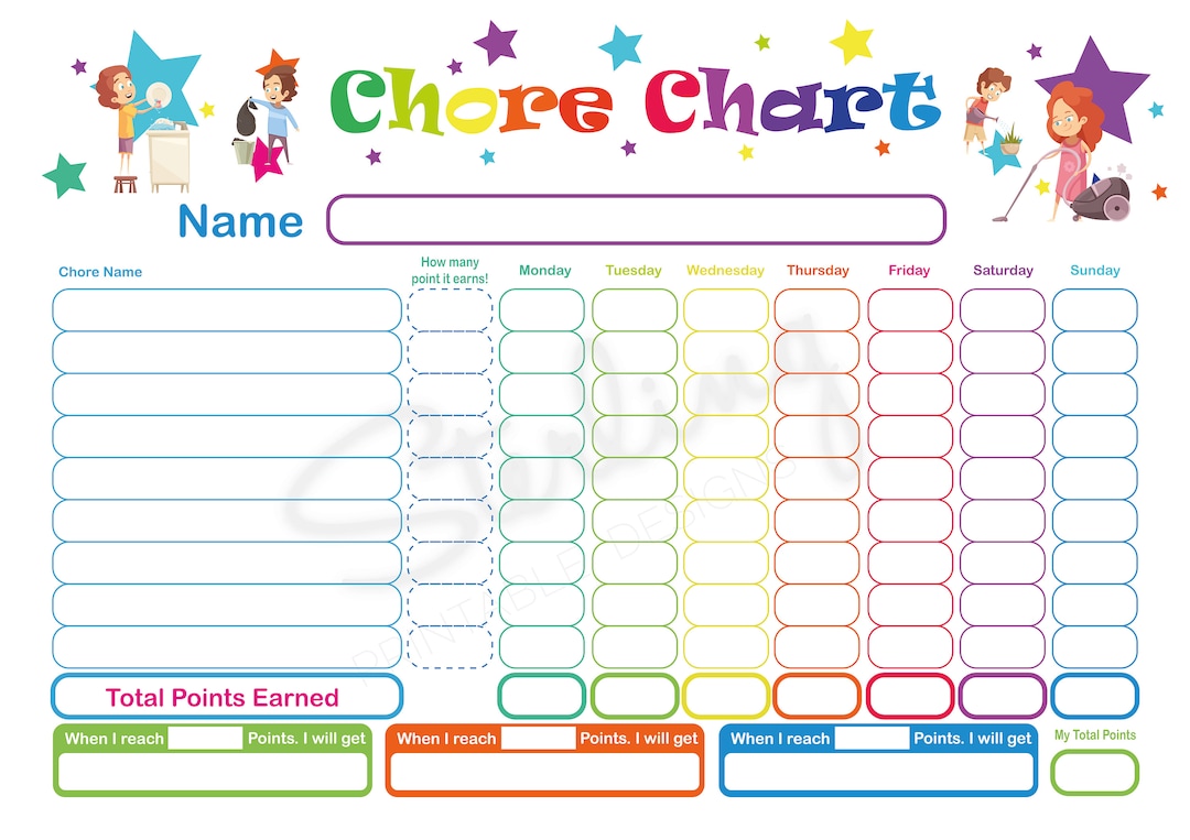 Printable Chore Chart for Kids, Reward System, Responsibility Chart ...