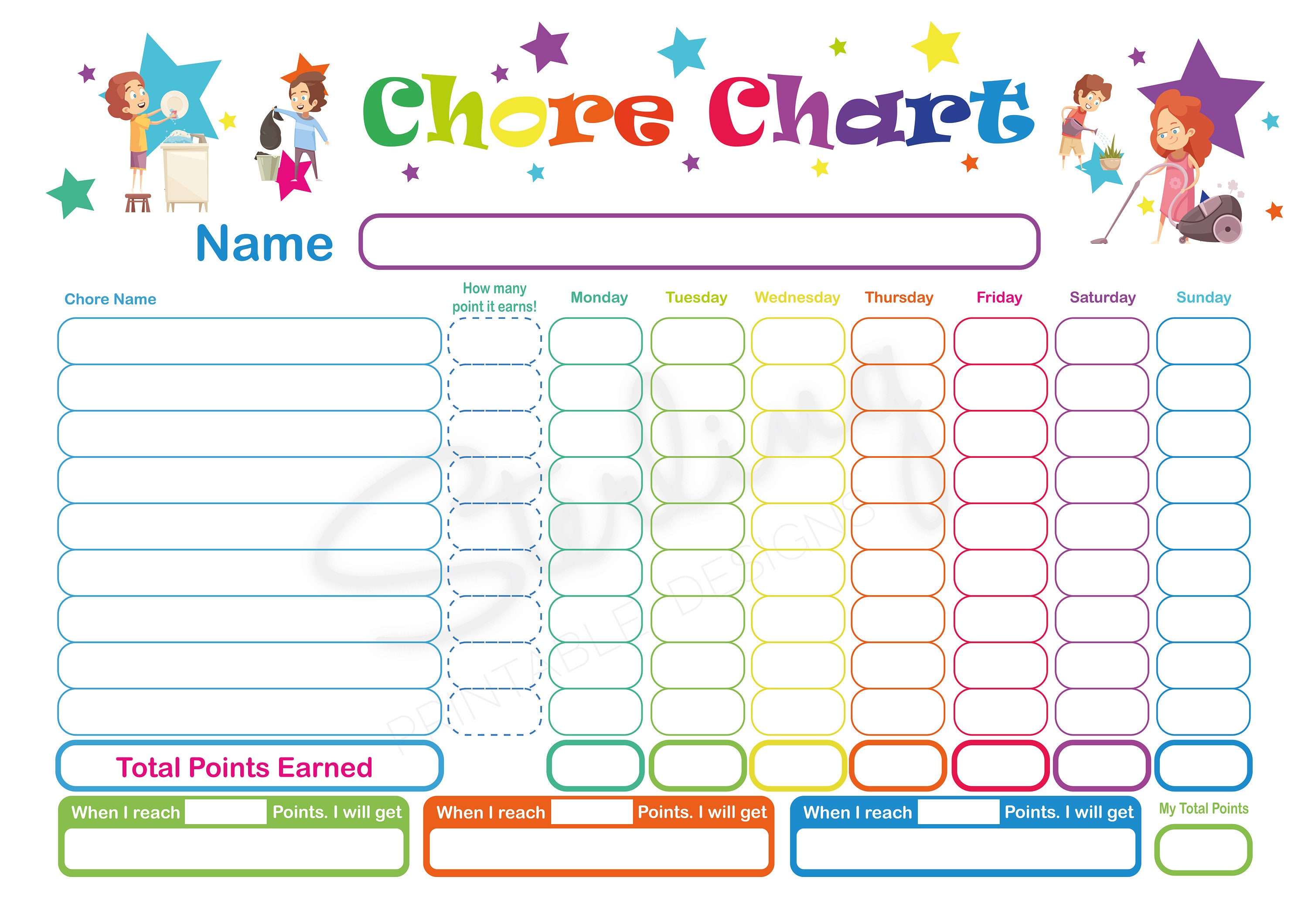 Printable Chore Chart for Kids, Reward System, Responsibility Chart ...