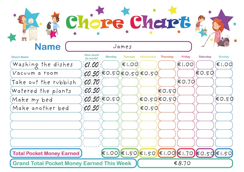 Printable Chore Chart for Kids, Reward System, Responsibility Chart ...