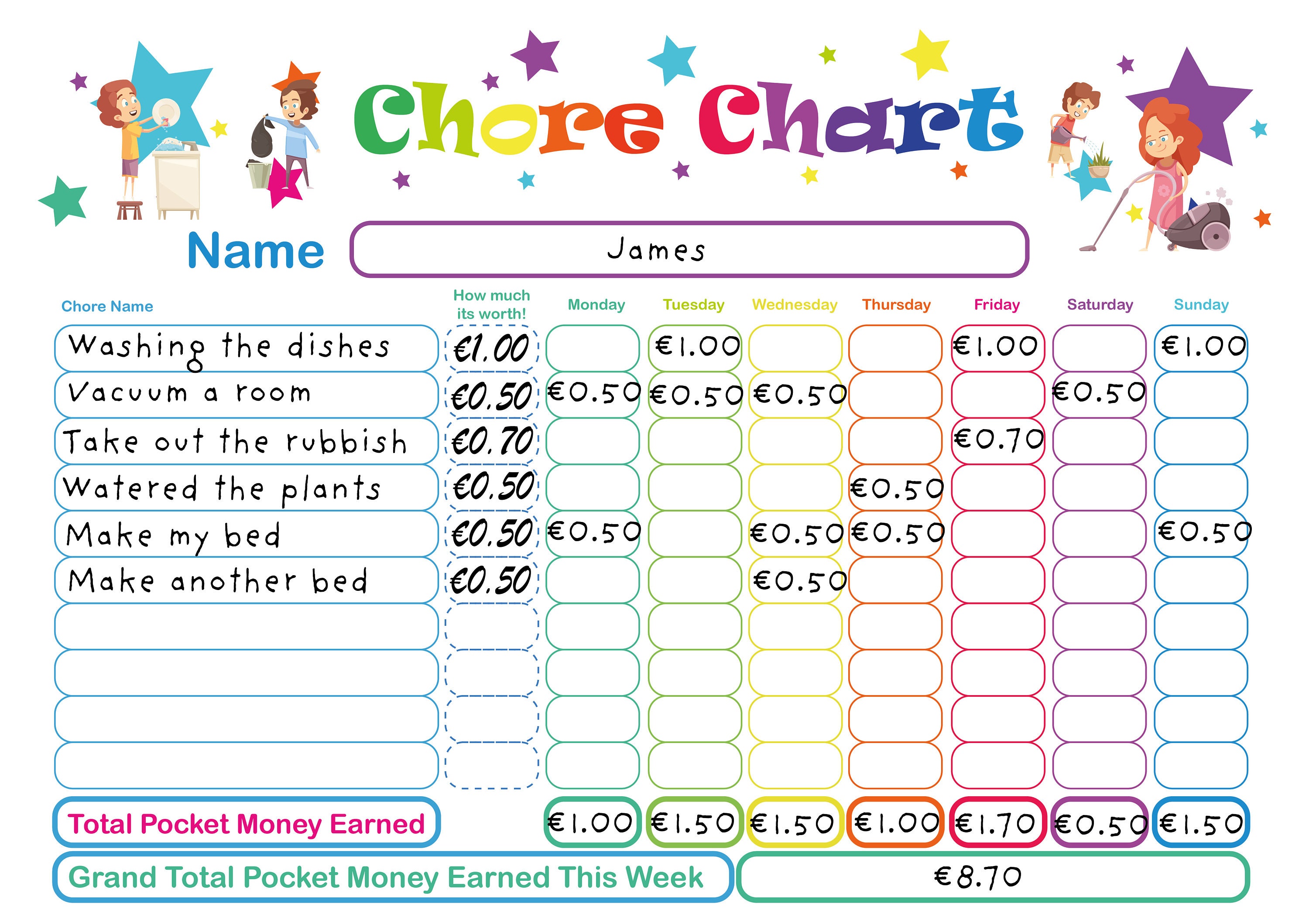 Printable Chore Chart for Kids, Reward System, Responsibility Chart ...