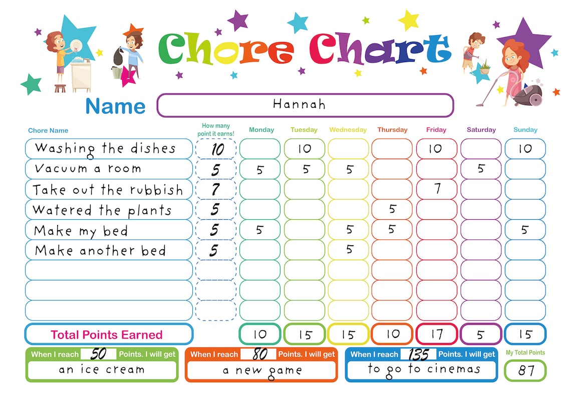Printable Chore Chart for Kids, Reward System, Responsibility Chart ...