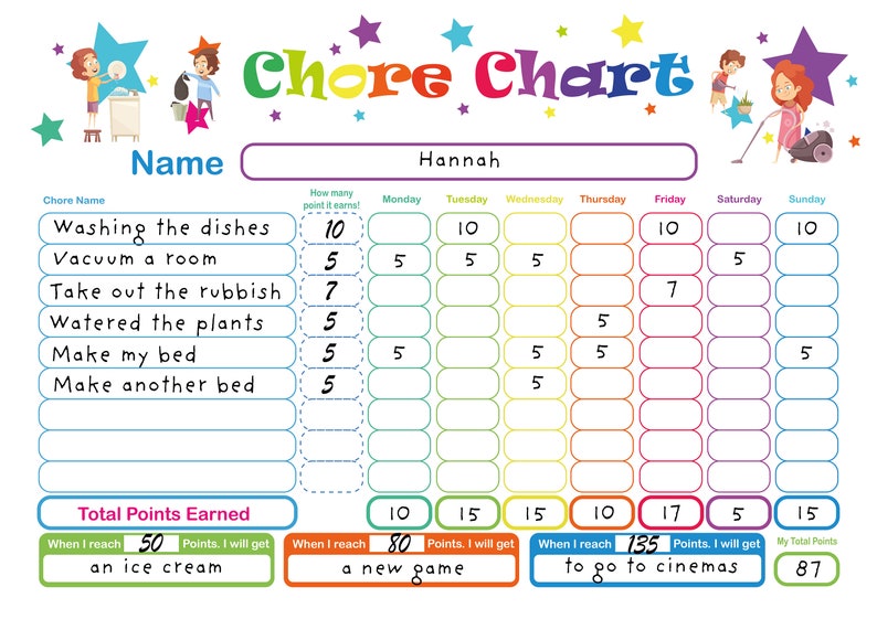 Printable Chore Chart for Kids, Reward System, Responsibility Chart ...