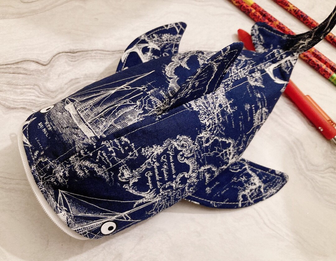 Ocean Blue Map Whale Shark Pencil Case, Sailing Shark Pencil Pouch ...