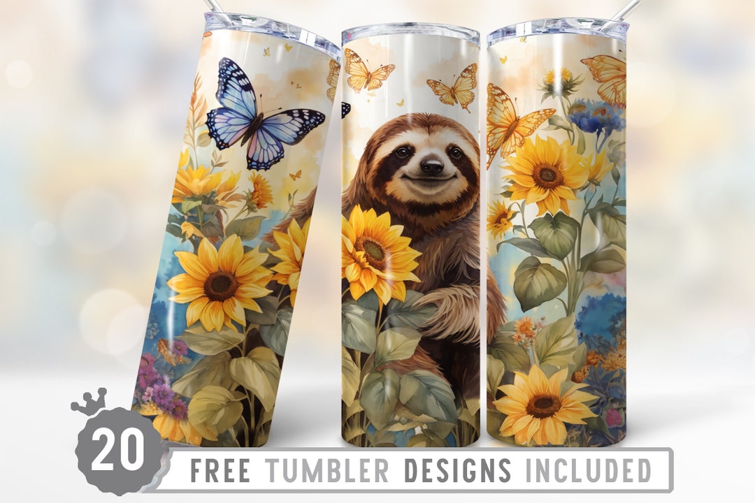20oz Skinny Tumbler Sublimation Design, Cute Sloth Floral Sunflowers ...