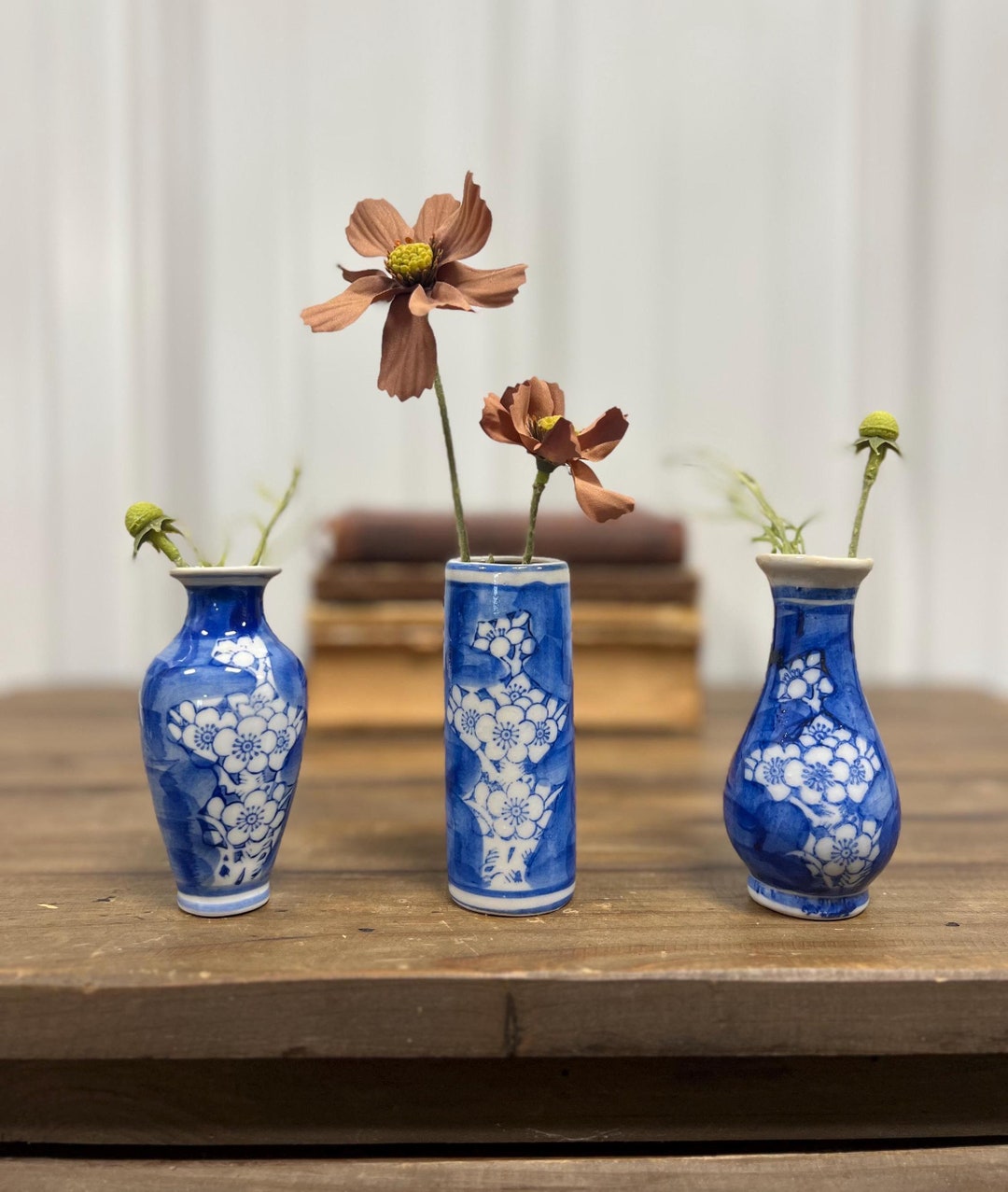 Vintage Blue and White Mini Stem Vases Set of 3 Vintage Chinese Hand ...