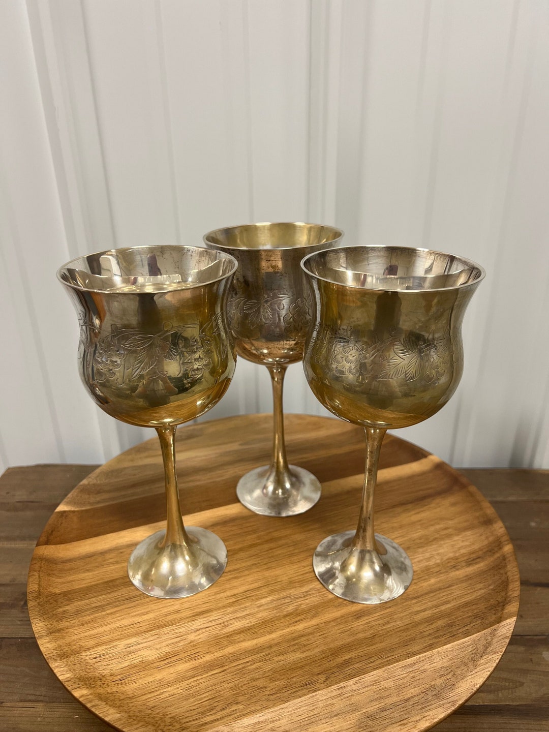 Vintage Silver Wine Goblets Set of 3 Etched Silver Wine Chalices ...