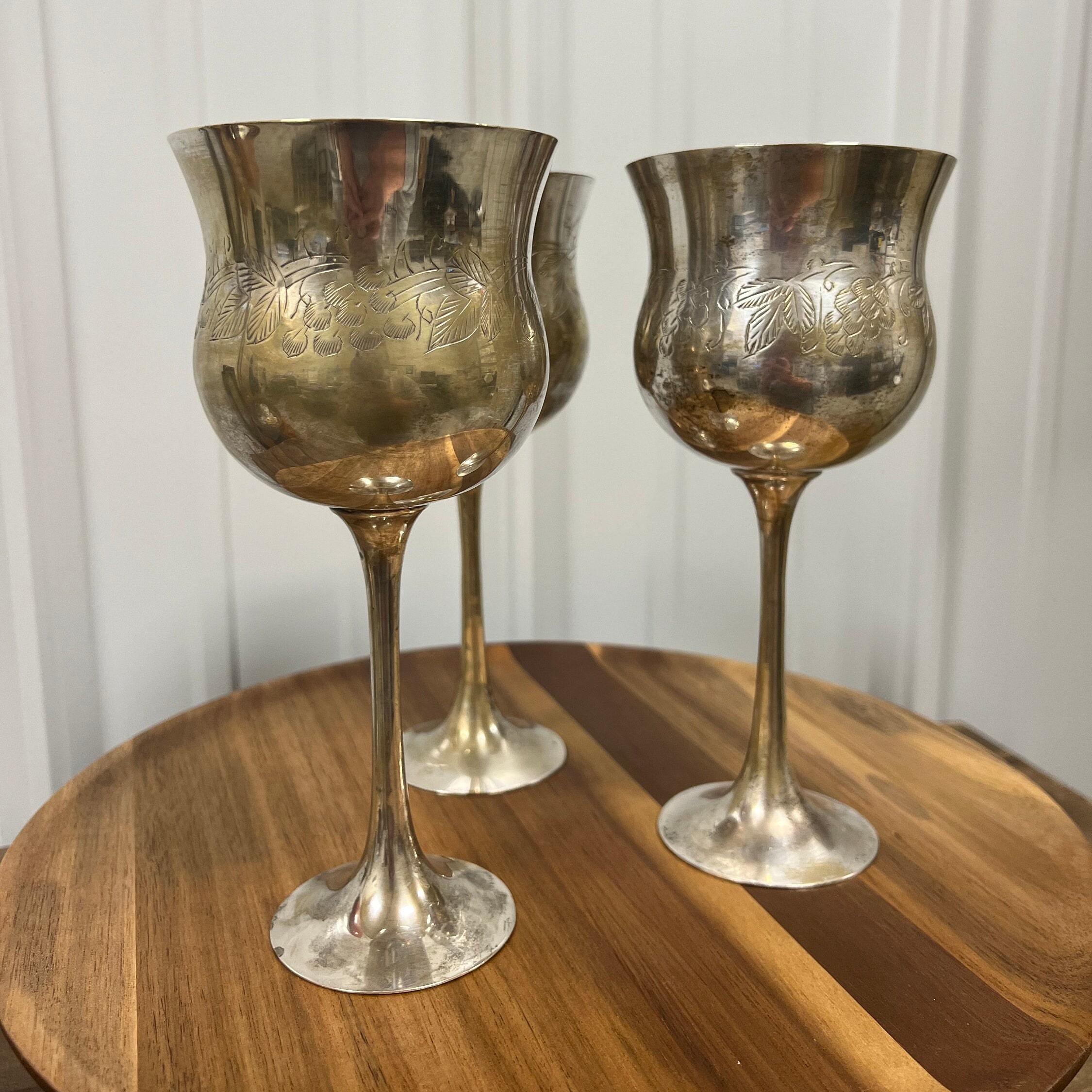 Vintage Silver Wine Goblets Set of 3 Etched Silver Wine Chalices ...