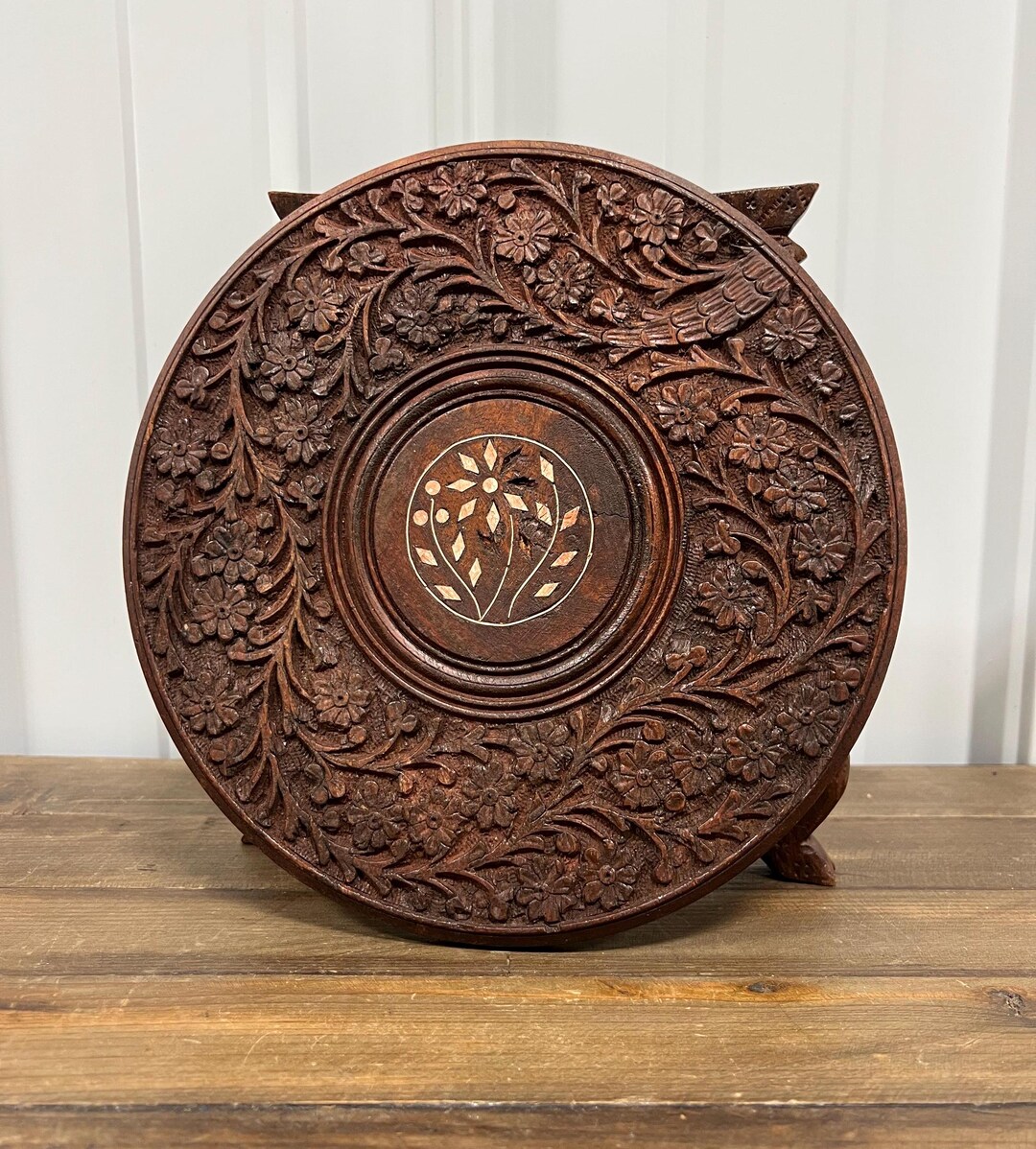 Vintage Hand-carved Plant Stand Solid Wood With Floral Inlay Detail ...