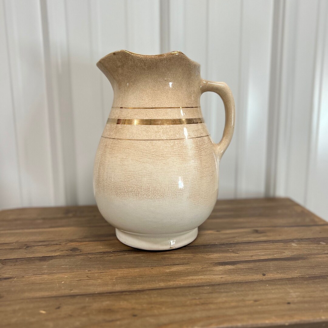 Large Vintage Ironstone Pitcher With Decorative Gold Bands | Farmhouse ...