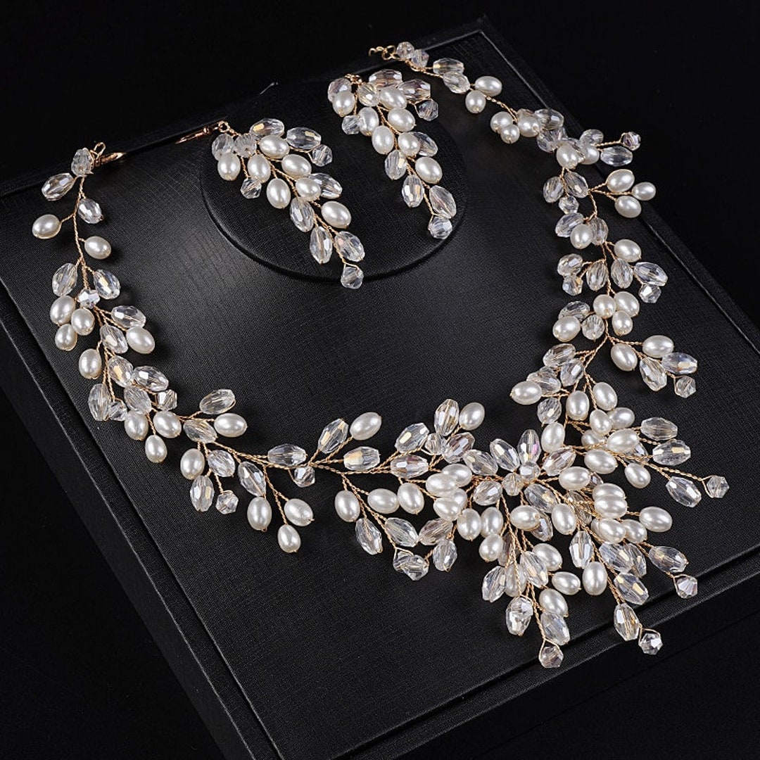 Crystal Pearl Bridal Necklace and Earrings 3PC Jewelry Set, Wedding ...