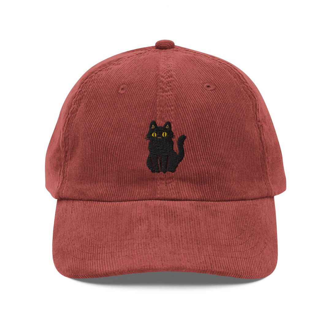 BLACK CAT Corduroy Hat Embroidered Corduroy Hat, Handmade Embroidered Corduroy Dad Cap Multiple ...