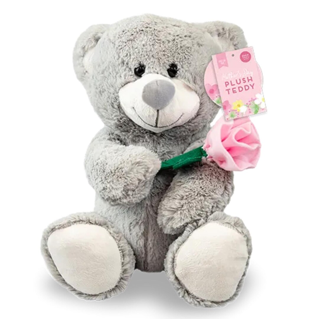 Mum Teddy Bear - 30cm Soft Cuddly Grey Plush Toy With Fabric Rose ...
