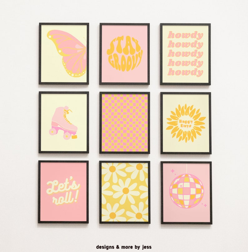 Baby Pink Preppy Wall Art (set of 9) Digital Download | Pink Funky Wall ...