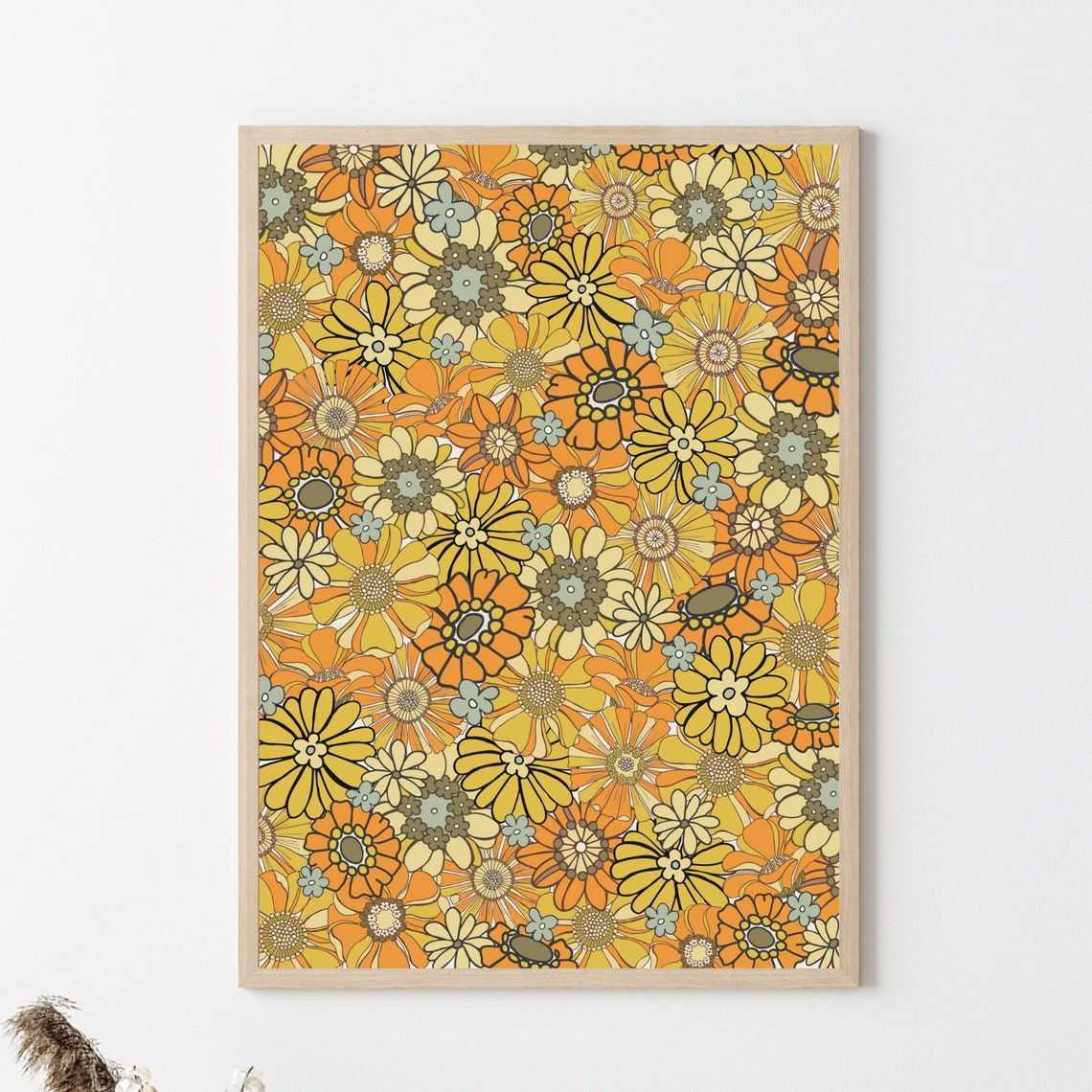 70s Retro Floral Pattern Print Orange Colorful Wall Art - Etsy