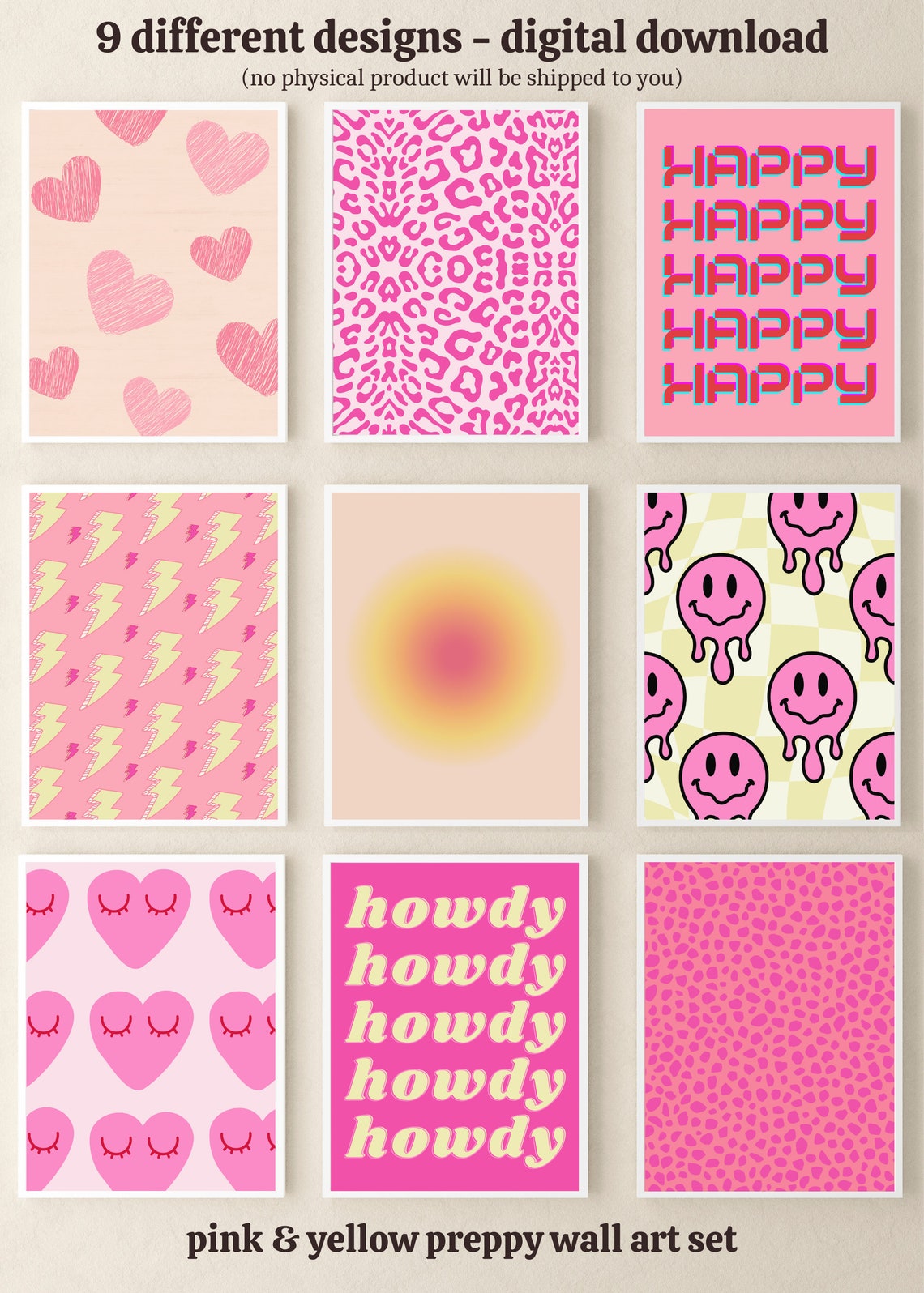 Pink & Yellow Preppy Wall Art (set of 9) Digital Download | Pink Preppy ...