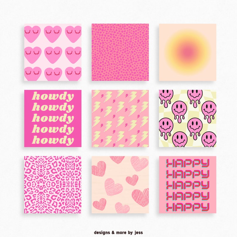Pink & Yellow Preppy Wall Art (set of 9) Digital Download | Pink Preppy ...