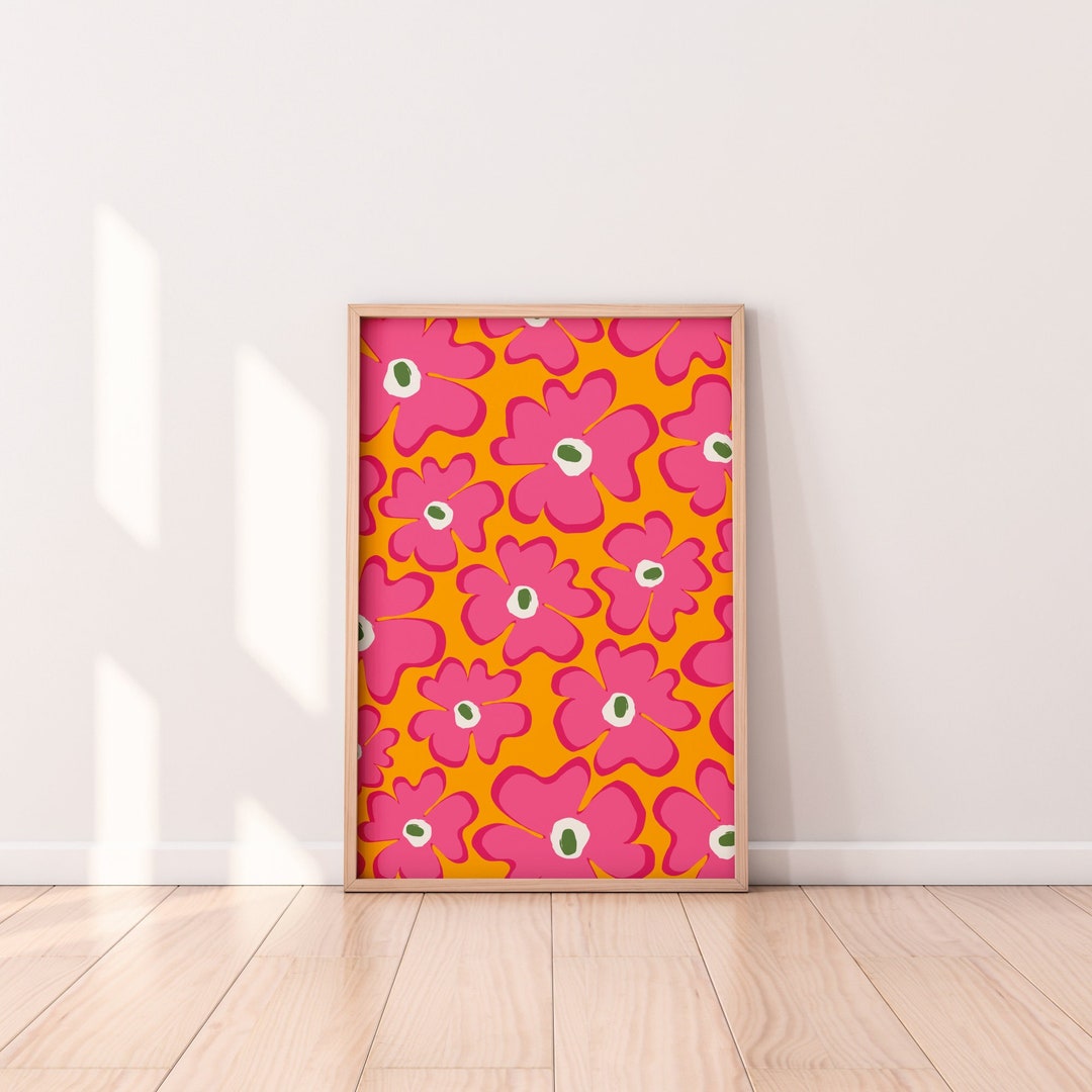 Funky Floral Art Print: Yellow & Hot Pink Wavy Flowers (digital ...