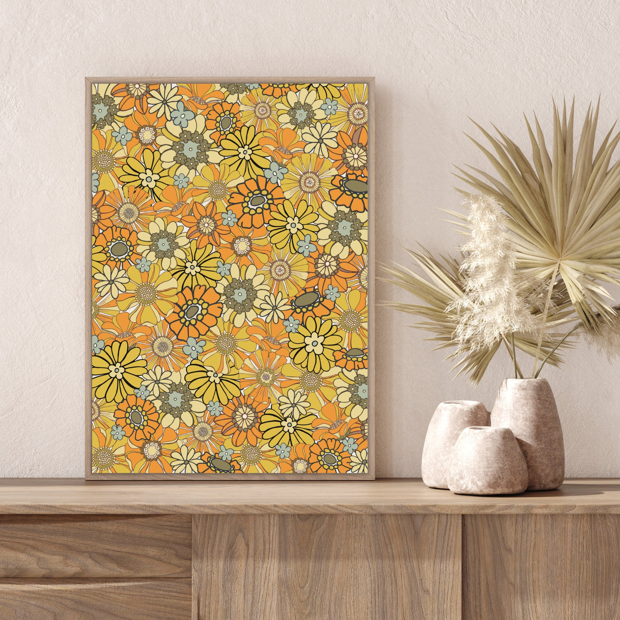 70s Retro Floral Pattern Print | Orange Colorful Wall Art Print | 60s ...