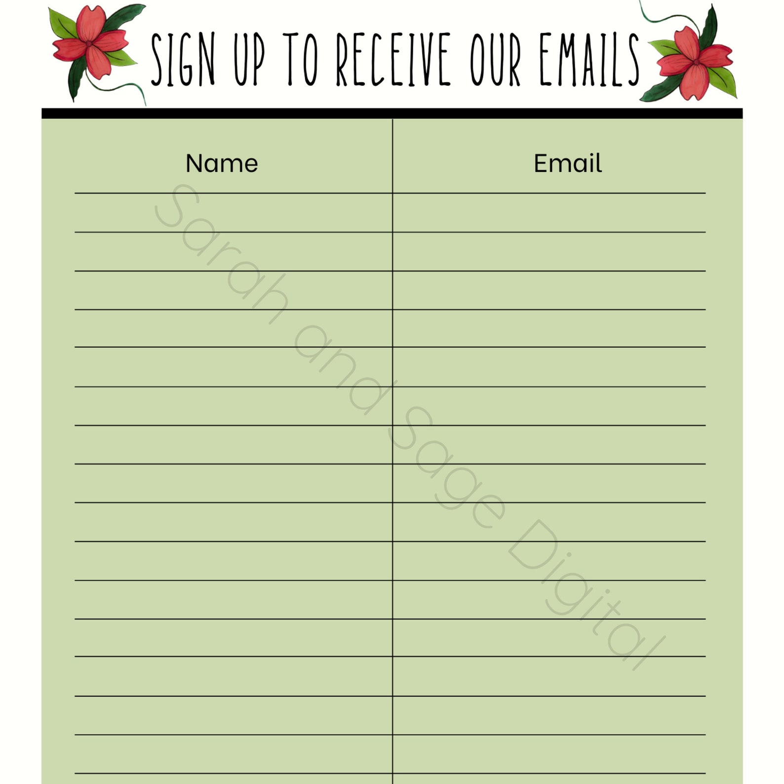 Email Sign up Sheet for Newsletter, Mailing List, Small Business ...