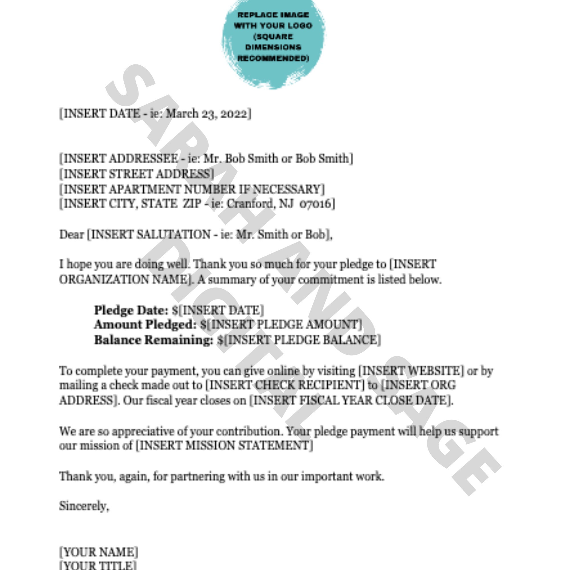 Pledge Reminder Letter Template, Editable Non Profit Fundraising Letter ...