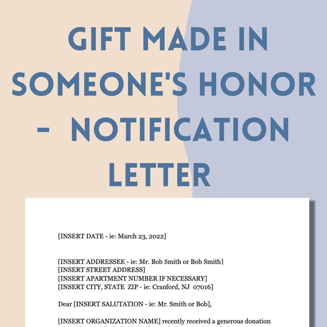 Honorary Gift Letter Template Notification for Donation Made - Etsy