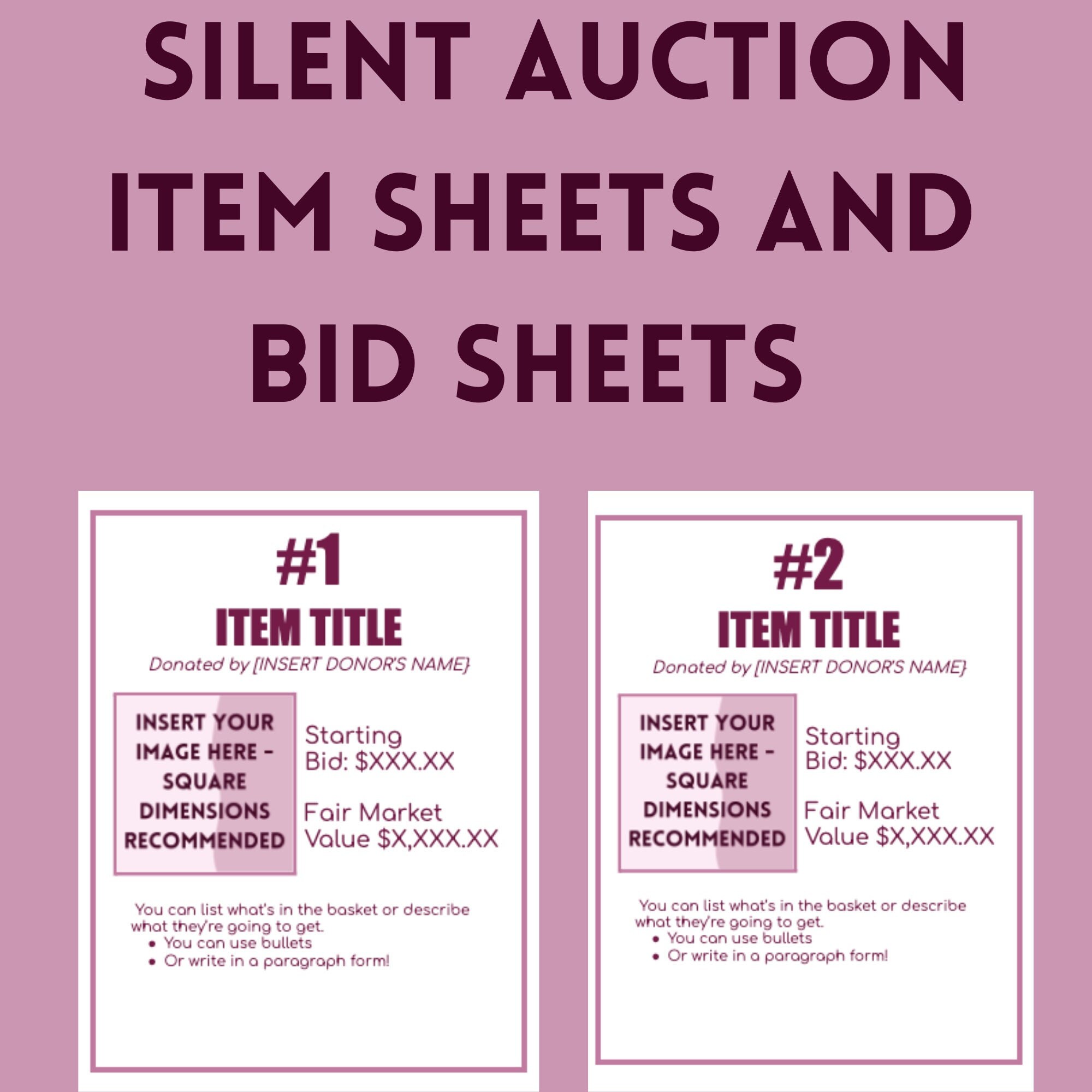 Silent Auction Bid Sheet, Silent Auction Item Sheet, Editable Printable ...