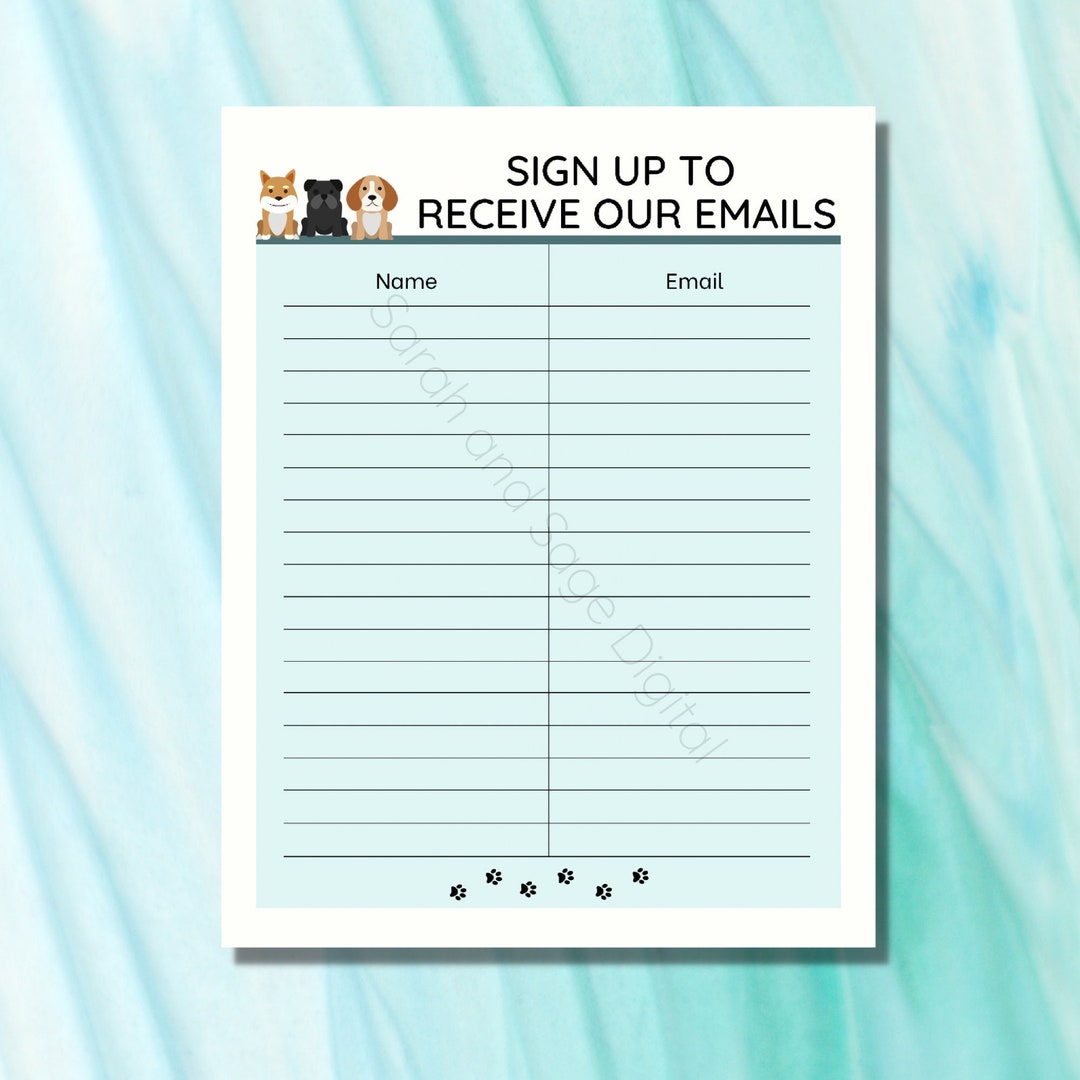 Email Sign up Sheet for Newsletter, Dog Rescue Organization Mailing ...