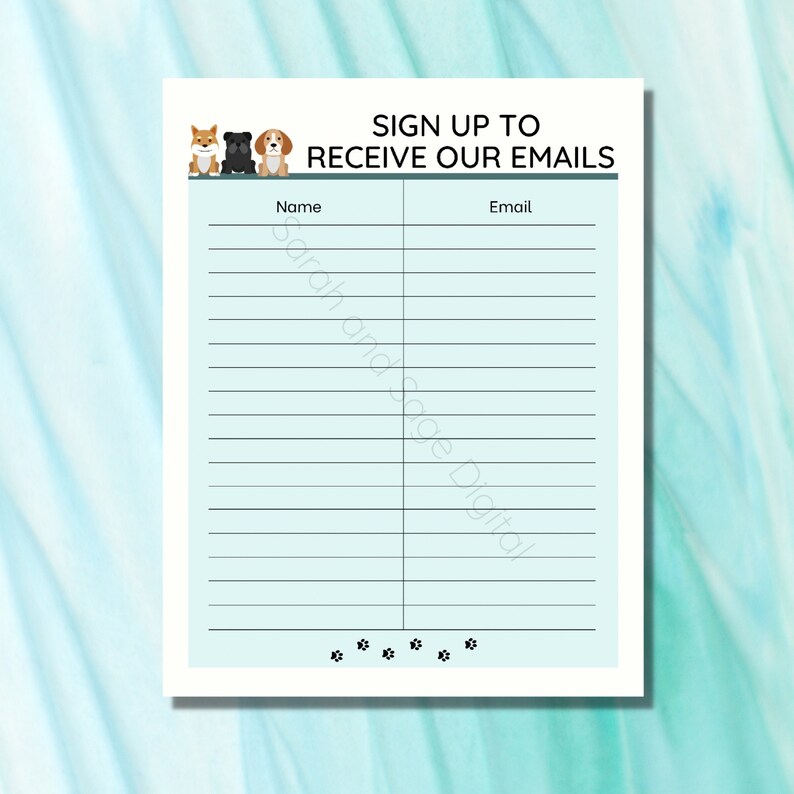 Email Sign up Sheet for Newsletter, Dog Rescue Organization Mailing ...