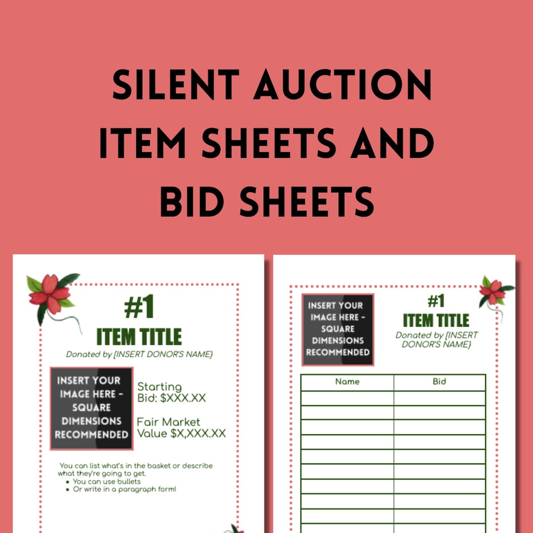 Silent Auction Bid Sheet, Silent Auction Item Sheet, Editable Printable ...