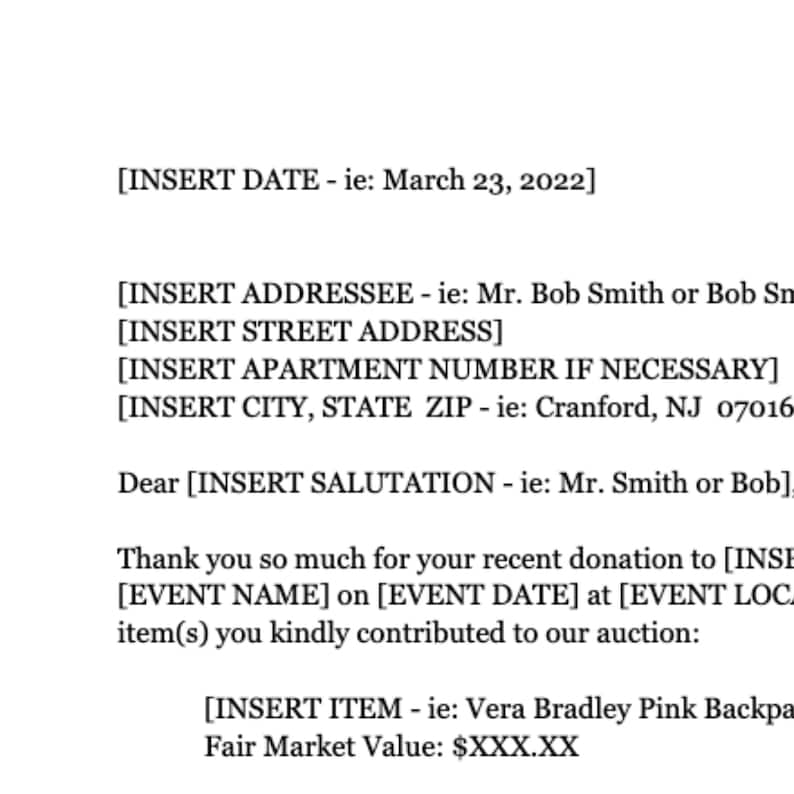Auction Donation Thank You Letter, Receipt Template With Fair Market ...