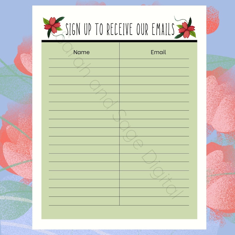 Email Sign up Sheet for Newsletter, Mailing List, Small Business ...