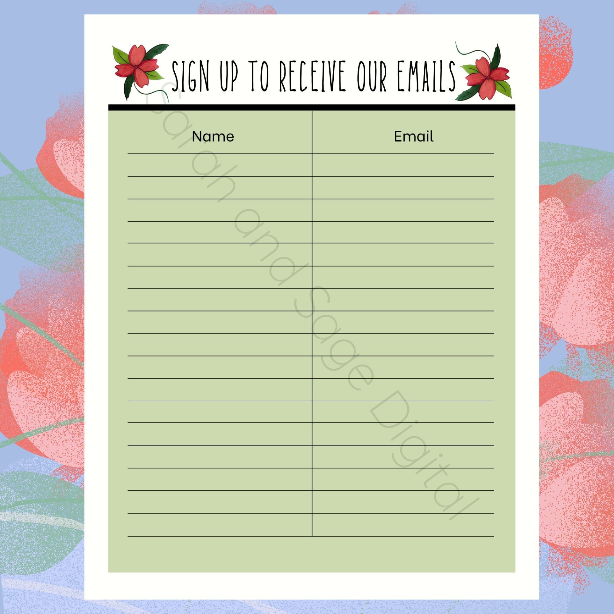 Email Sign up Sheet for Newsletter, Mailing List, Small Business ...
